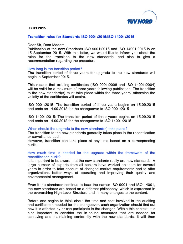 Transition Rules for ISO 9001:2015 and ISO 14001:2015 Standards: Three ...