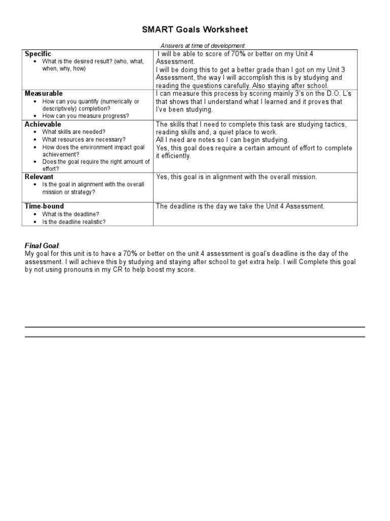 SMART Goals Worksheet for Assessment Success | PDF