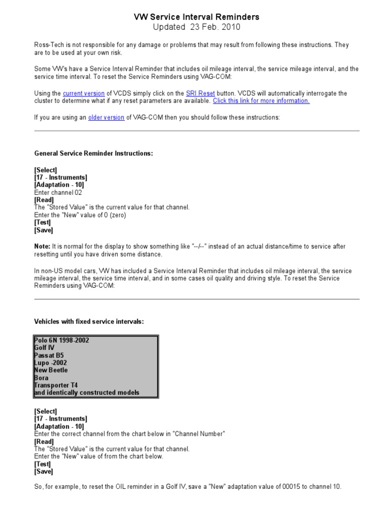 VW Service Interval Reminders | PDF | Volkswagen | Fuel Economy In ...