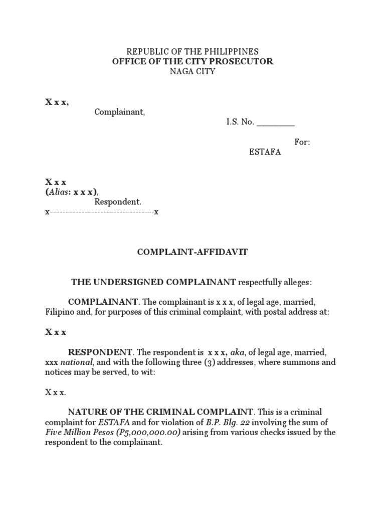 Complaint Affidavit for Estafa | Cheque | Fraud