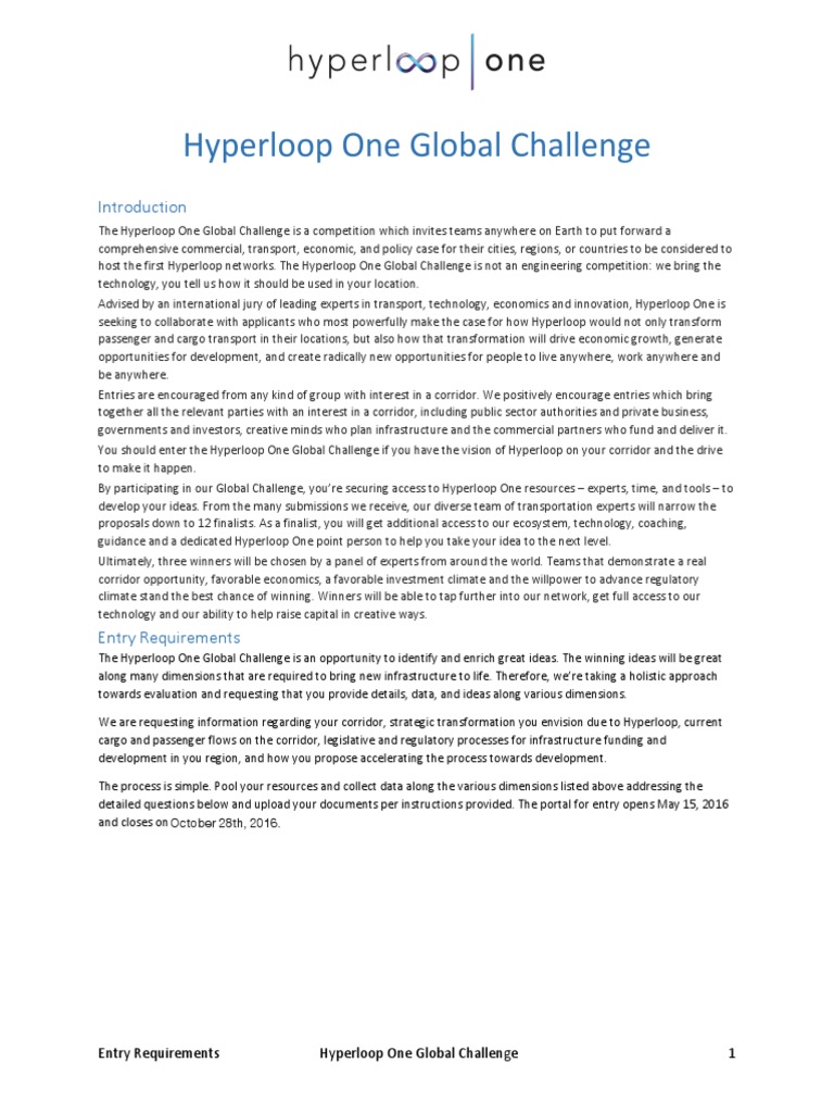 Entry Requirements Hyperloop One Global Challenge 1 | PDF | Hyperloop ...