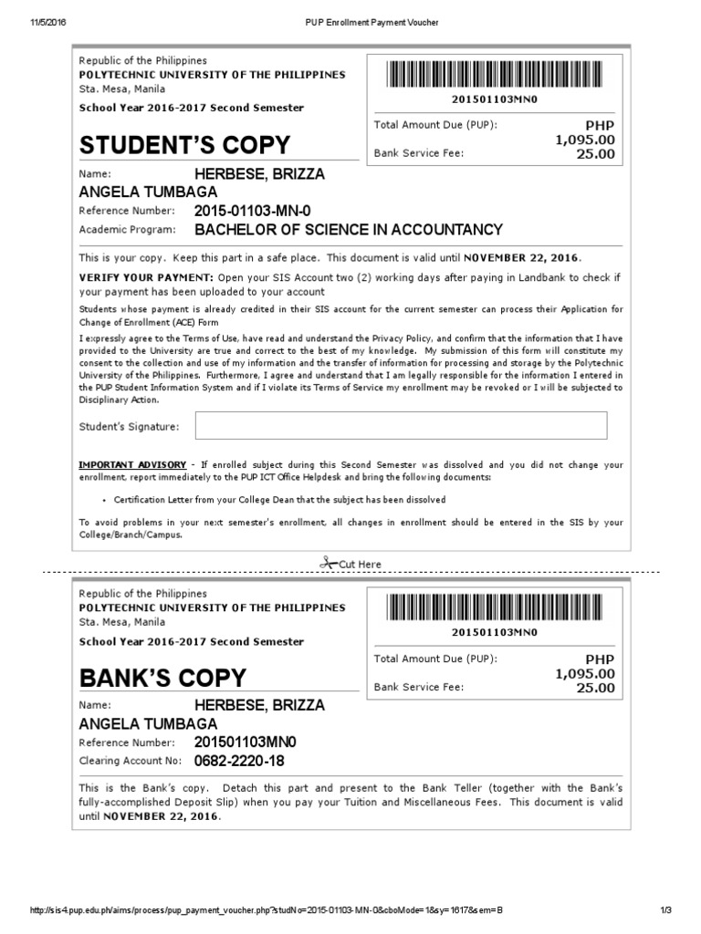 PUP Enrollment Payment Voucher | PDF | Payments | Fee