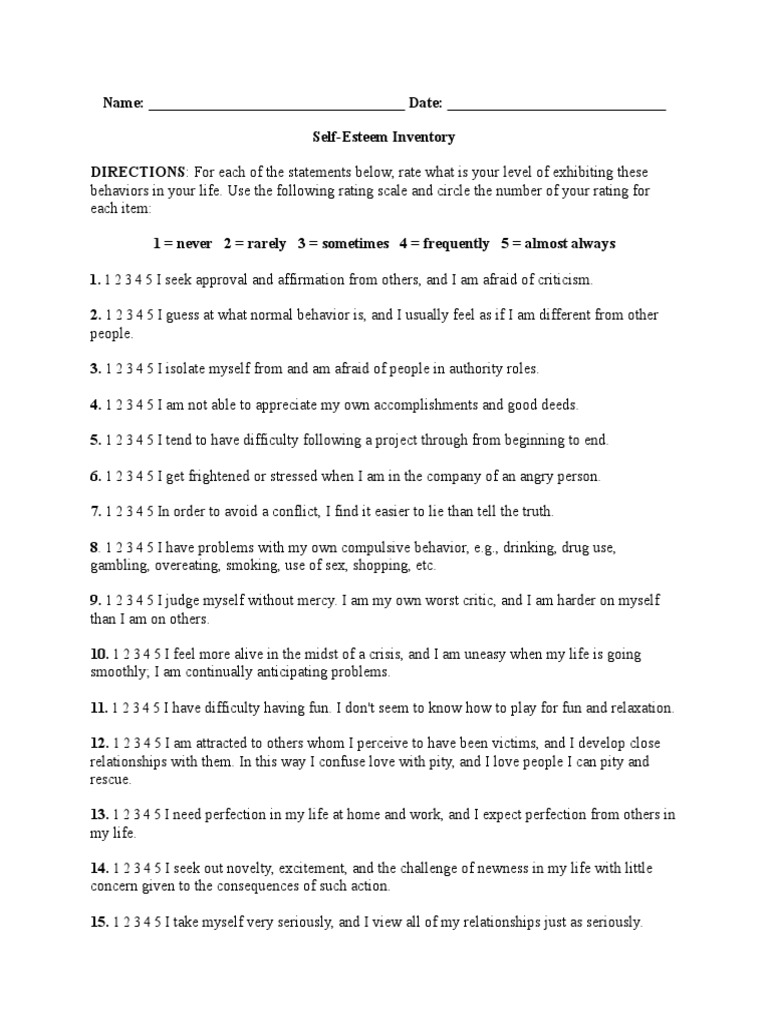 Self Esteem Inventory | Self Esteem | Emotions