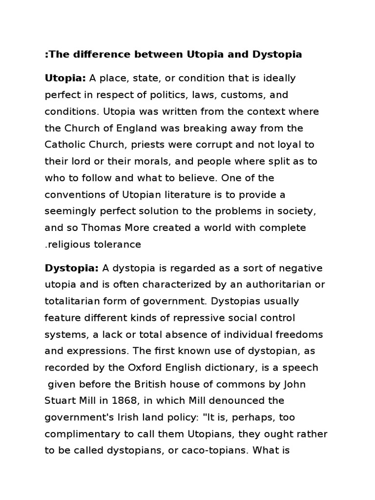 The Difference Between Utopia and Dystopia | PDF | Dystopia | Utopian And Dystopian Fiction