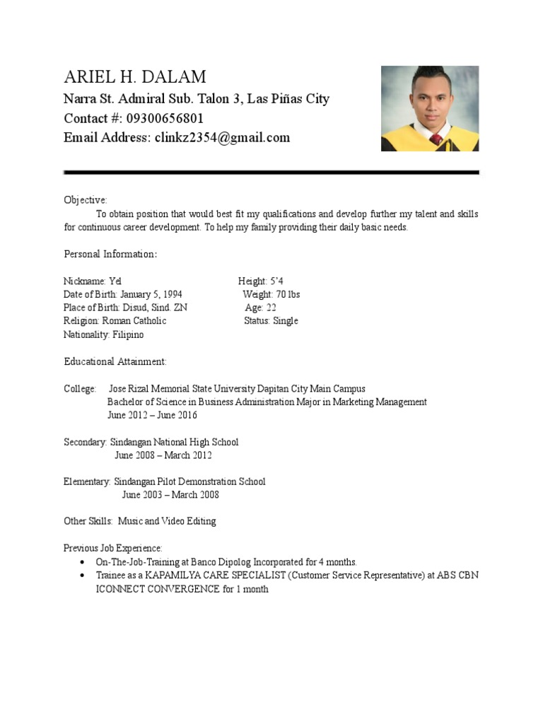Resume of Ariel H. Dalam - Marketing Graduate | PDF | Career & Growth ...