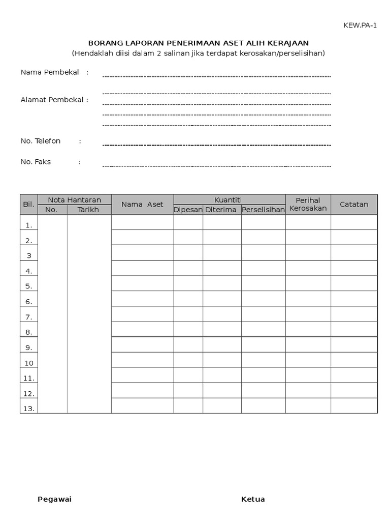 CONTOH KEW (1) .PA-1 (Borang Laporan Penerimaan Aset Alih) | PDF