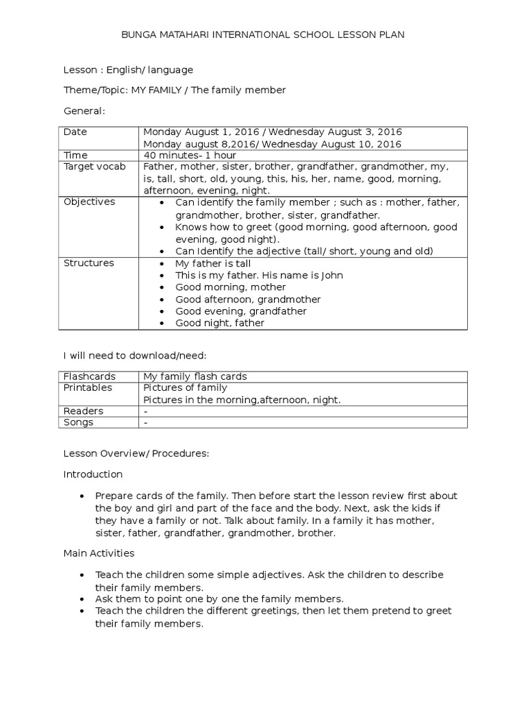 English Lesson Plan - 2 My Family | PDF | Phonics | Lesson Plan