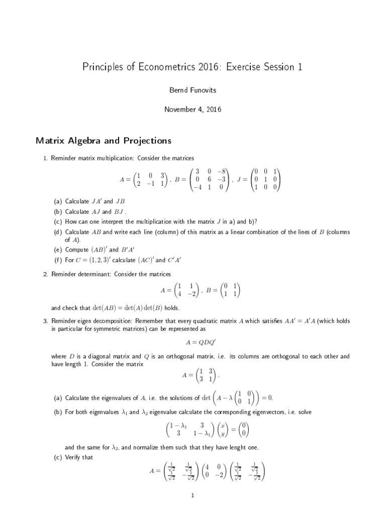 Exercises Session1 PDF | PDF | Eigenvalues And Eigenvectors | Matrix (Mathematics)