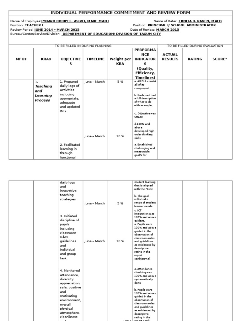 Individual Performance Commitment and Review Form | PDF | Educational ...