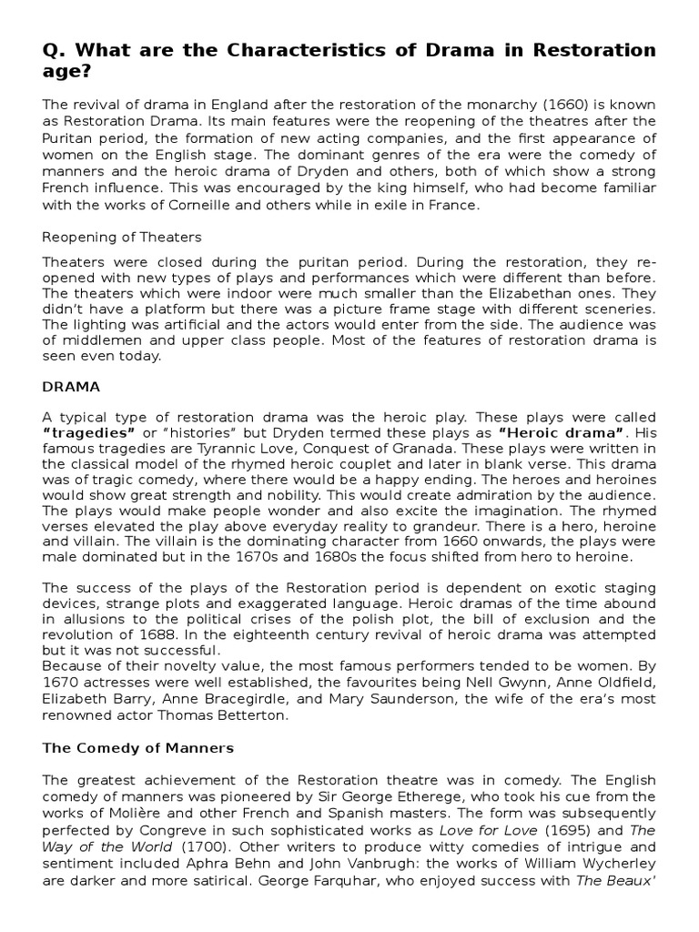 Restoration Drama 2 | PDF | Restoration Comedy | Theatre