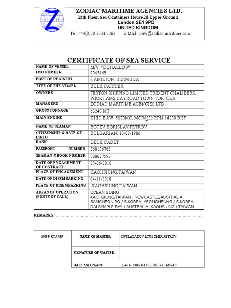 Certificate of Sea Service: Zodiac Maritime Agencies LTD | PDF