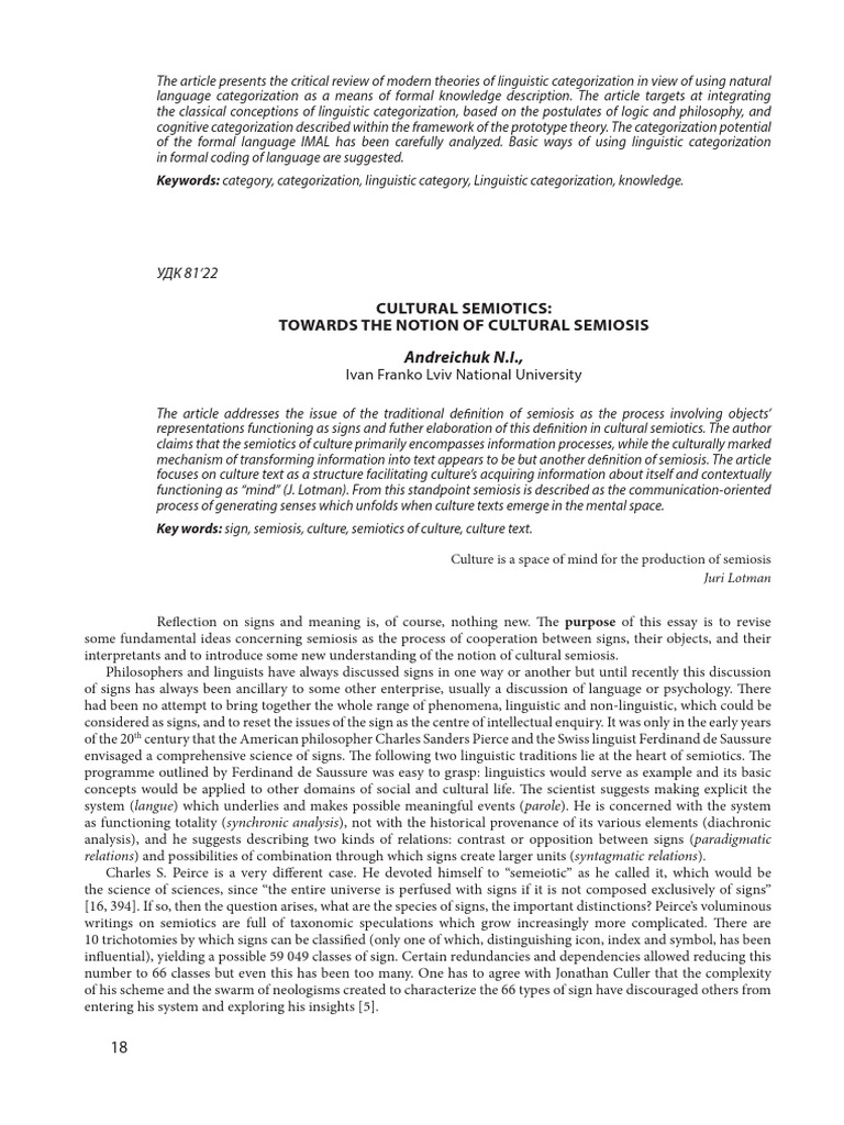 Andreichuk Cultural Semiotics | PDF | Semiotics | Representation (Arts)