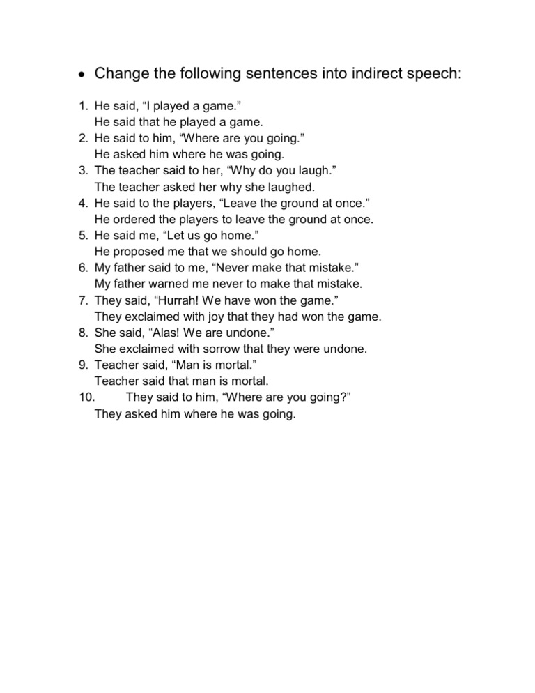 Change The Following Sentences Into Indirect Speech | PDF