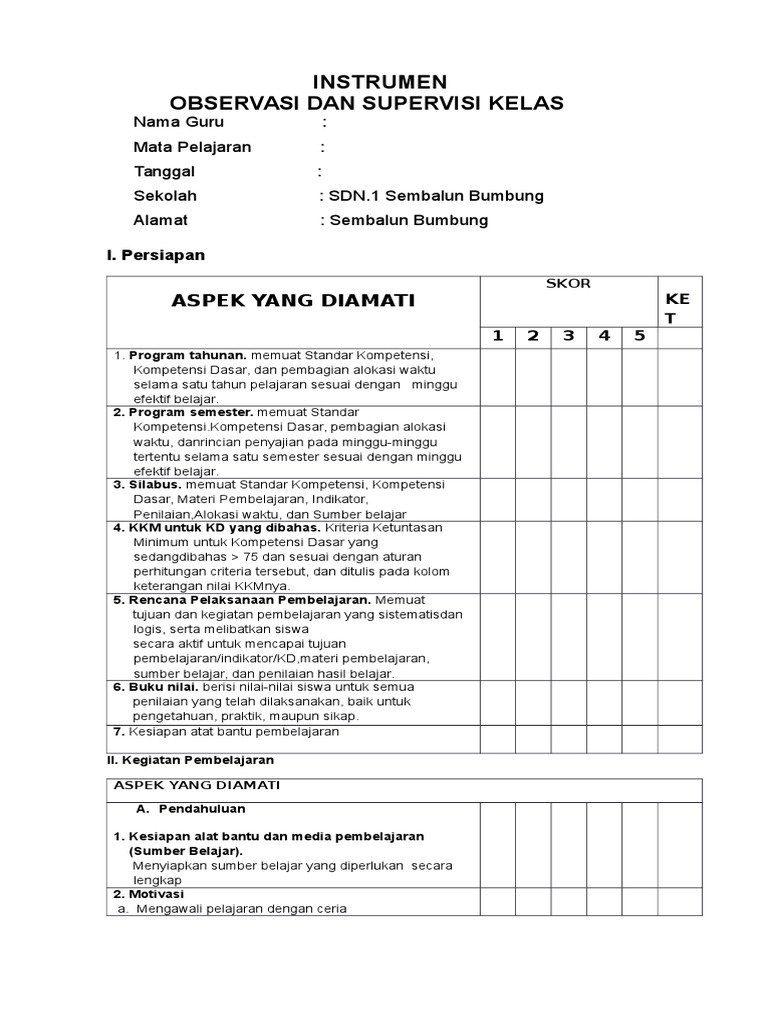 Instrumen Observasi Dan Supervisi Kelas | PDF | Karier & Perkembangan