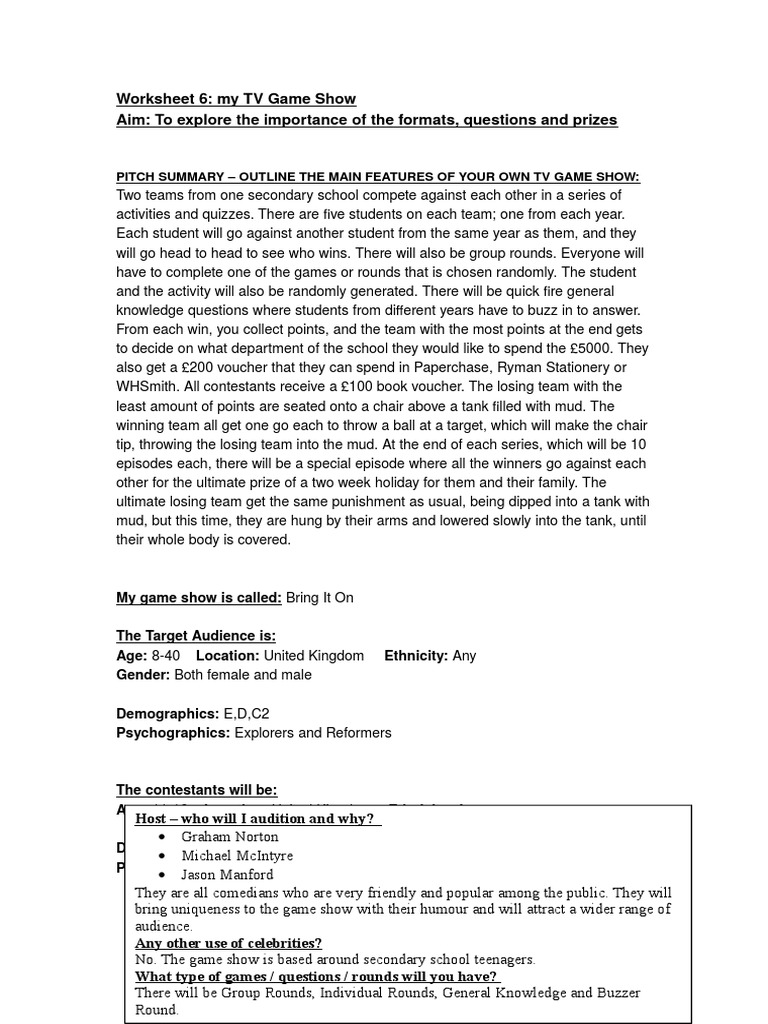 TV Game Show Concept: Bring It On | PDF