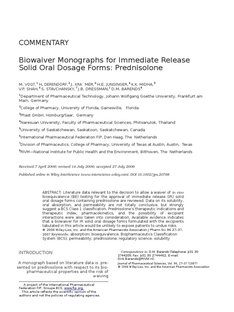 Commentary Biowaiver Monographs For Immediate Release Solid Oral Dosage ...