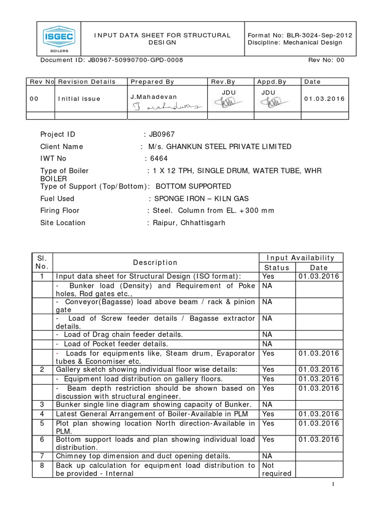 Input Data Sheet for Structural Design of a 12 TPH WHR Boiler for M/s ...