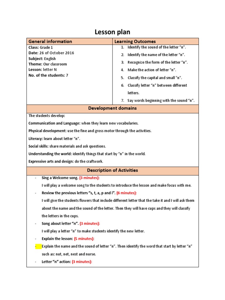 lesson plan letter n | Lesson Plan | Applied Psychology