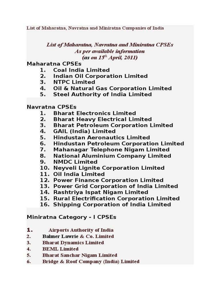 List of Maharatna | PDF | Value Added Tax | Reserve Bank Of India