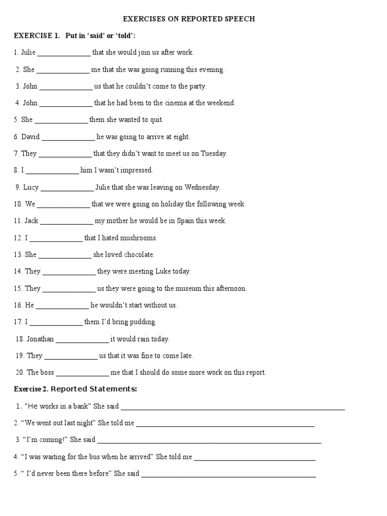 Easy Exercises On Reported Speech | PDF