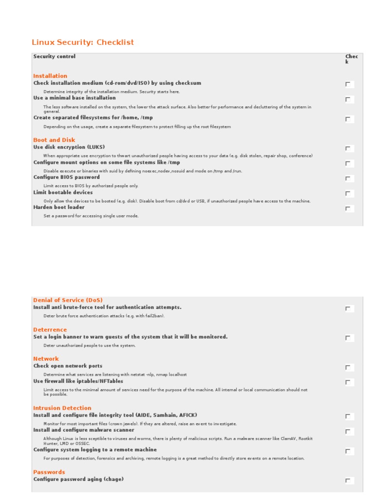 Linux Security Checklist Installation Pdf Malware System Software 