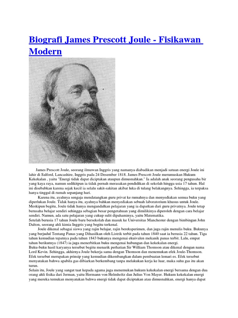 James Prescott Joule: Penemu Hukum Kekekalan Energi dan Satuan Joule | PDF