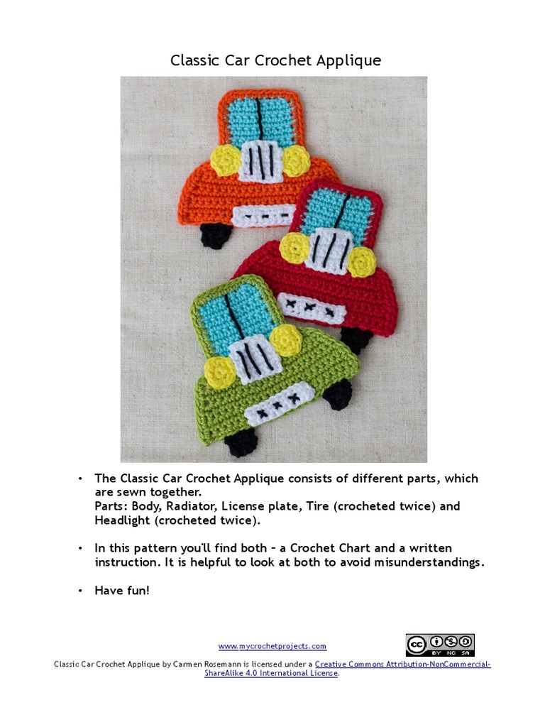 Classic Car Crochet Applique Pattern | PDF | Crochet | Motor Vehicle