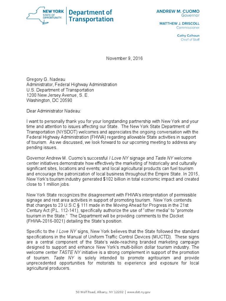 FHWA Nov 2016 Letter | Federal Highway Administration | Tourism