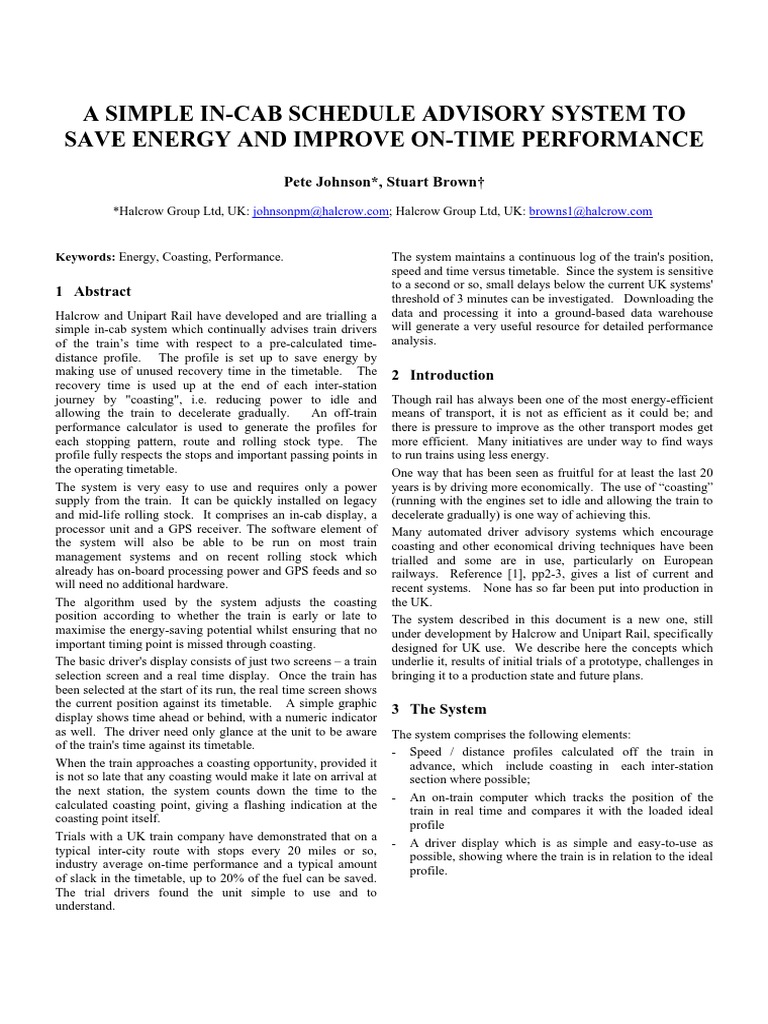 A Simple in Cab Schedule Advisory System To Save Energy and Improve On ...
