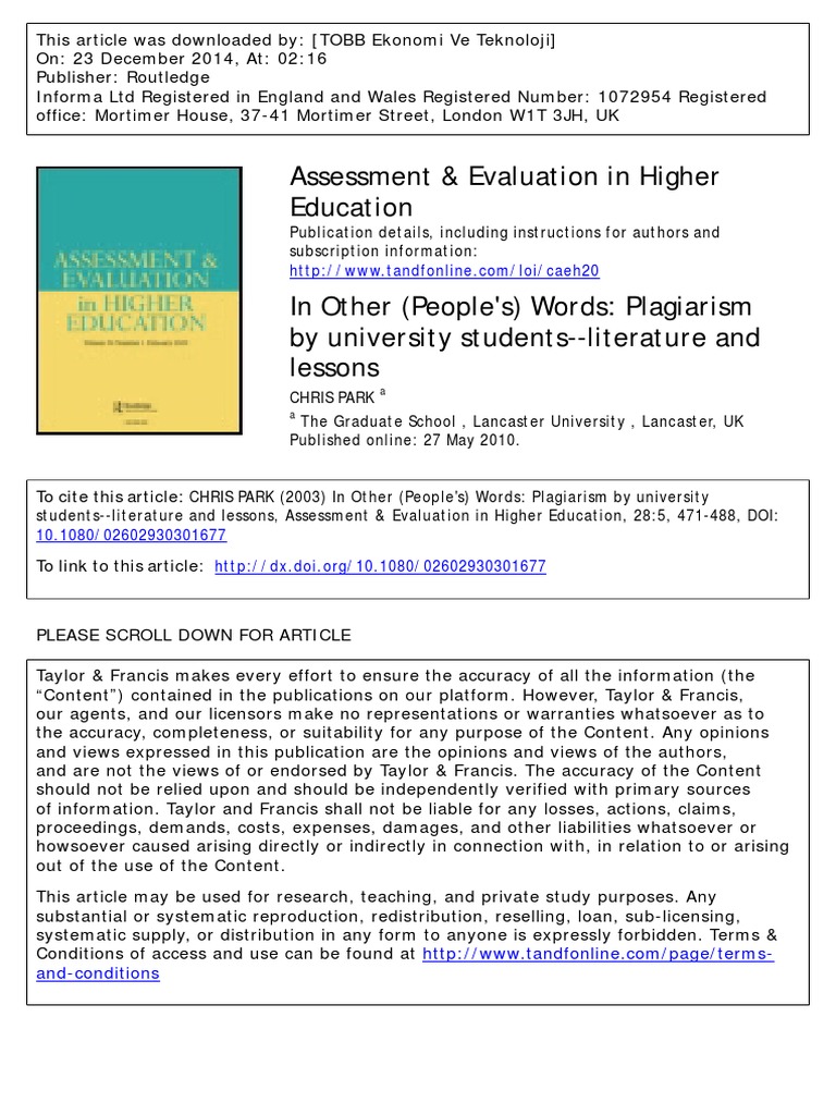 Assessment & Evaluation in Higher Education | PDF | Plagiarism ...