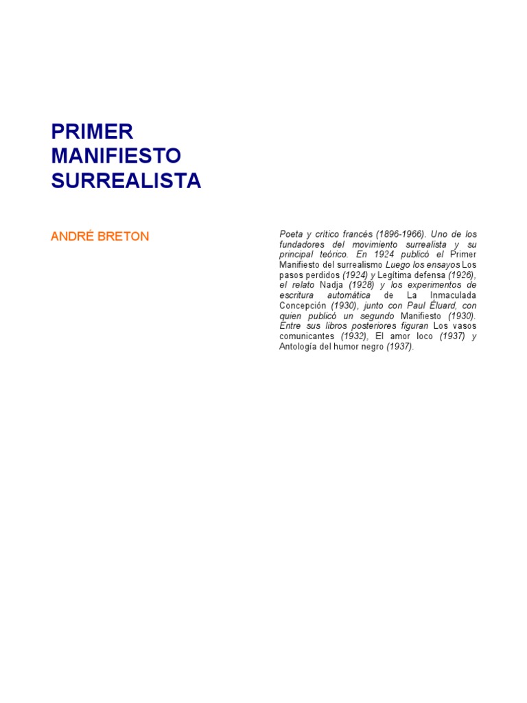 Primer Manifiesto Surrealista André Breton Sueño Locura