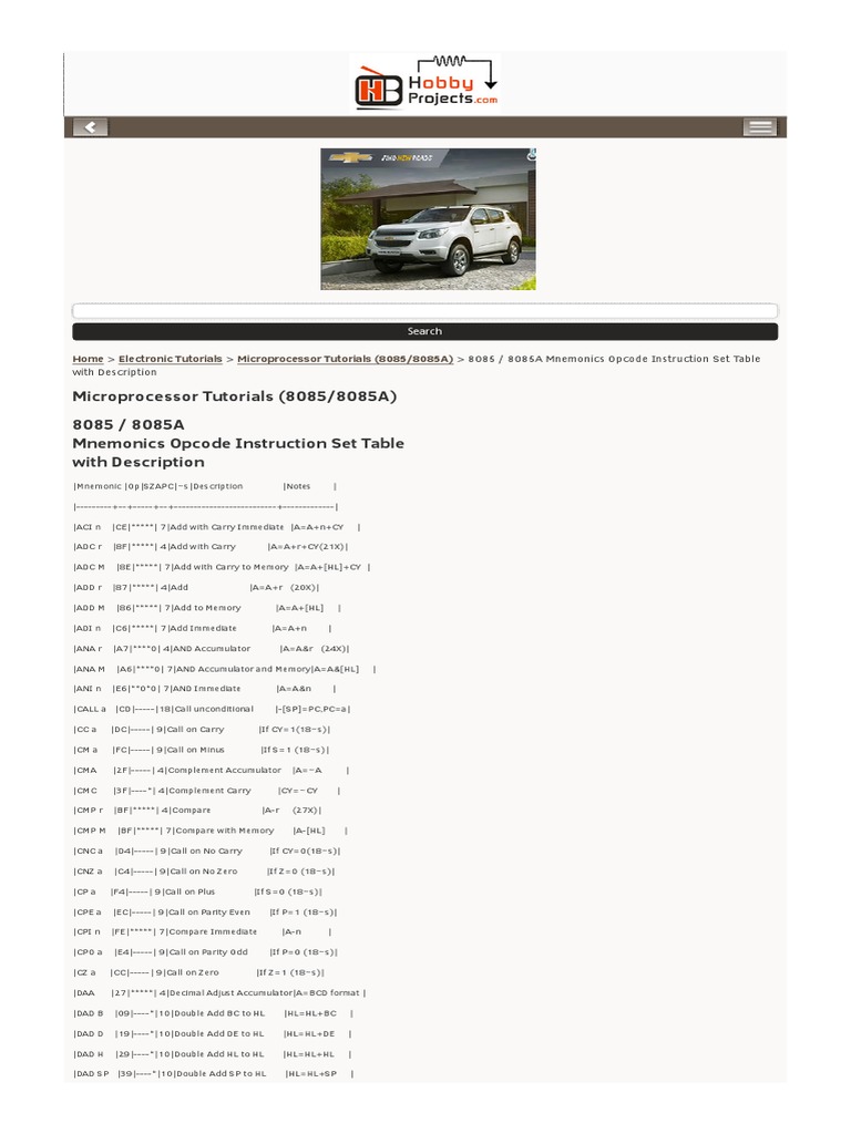 8085 - 8085A Mnemonics Opcode Instruction Set Table Including ...