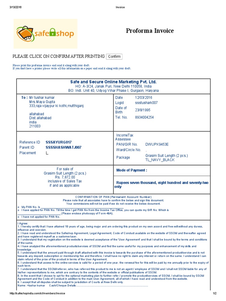 Proforma Invoice: Please Click On Confirm After Printing | PDF