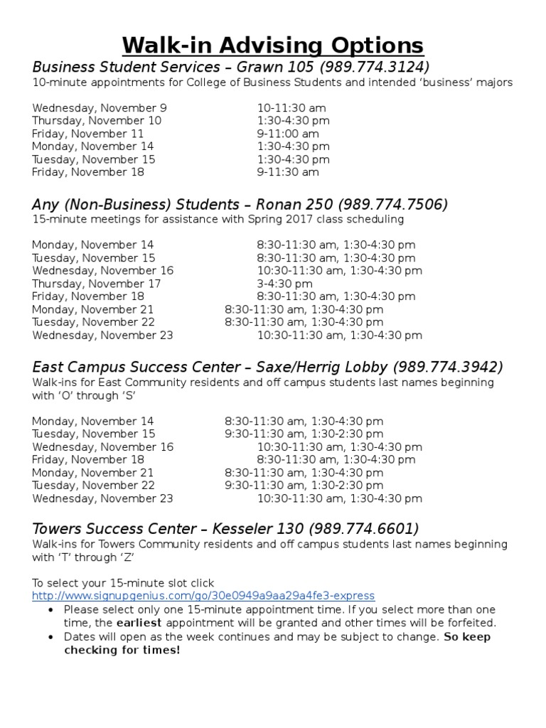 Walk-in Advising Schedule for Students | PDF | Home & Garden