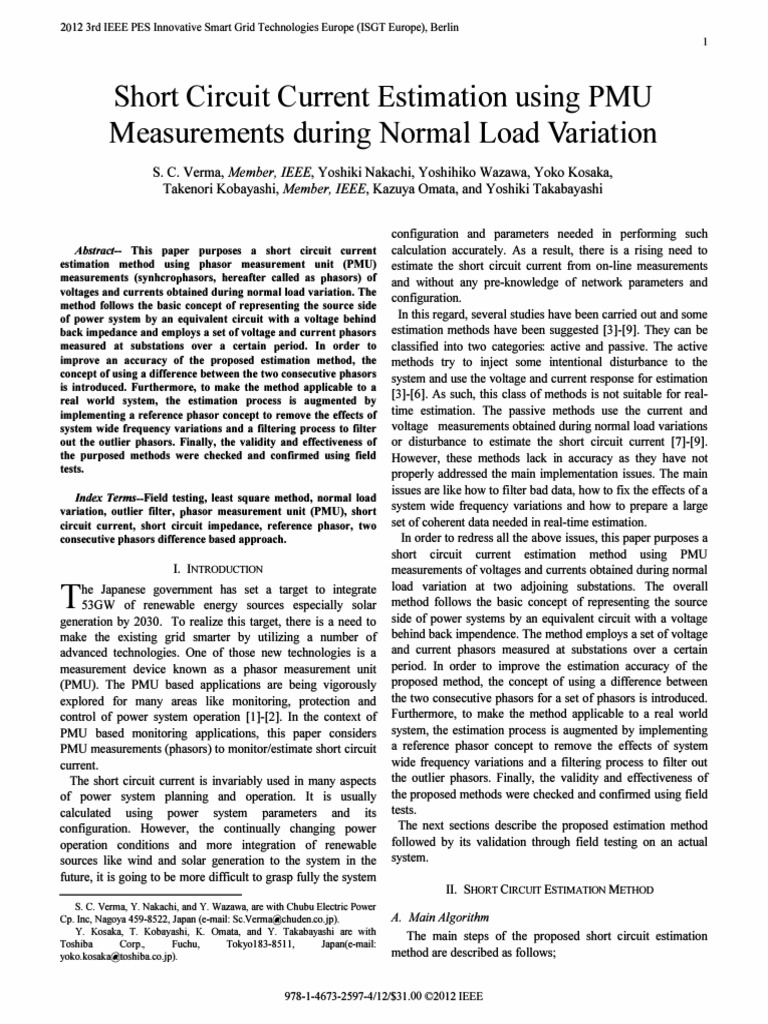 Short Circuit Current Estimation Using Pmu Measurements During Normal Load Variation Download