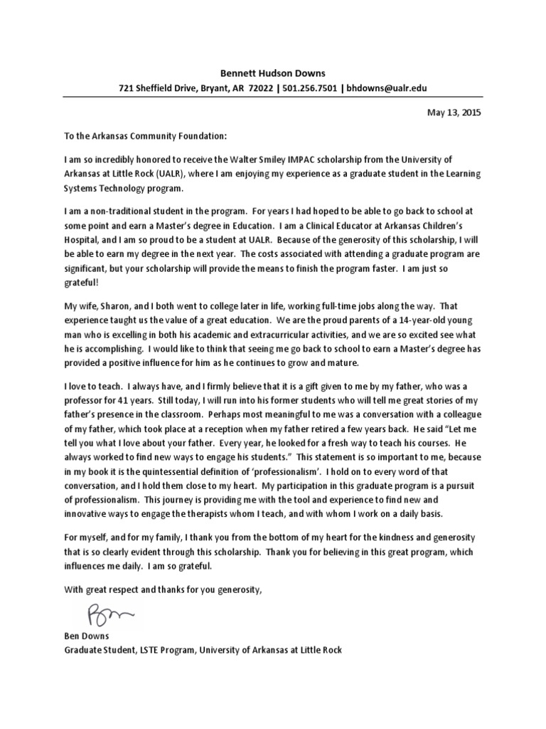 Walter Smiley Scholarship Letter | PDF | Cognition | Learning