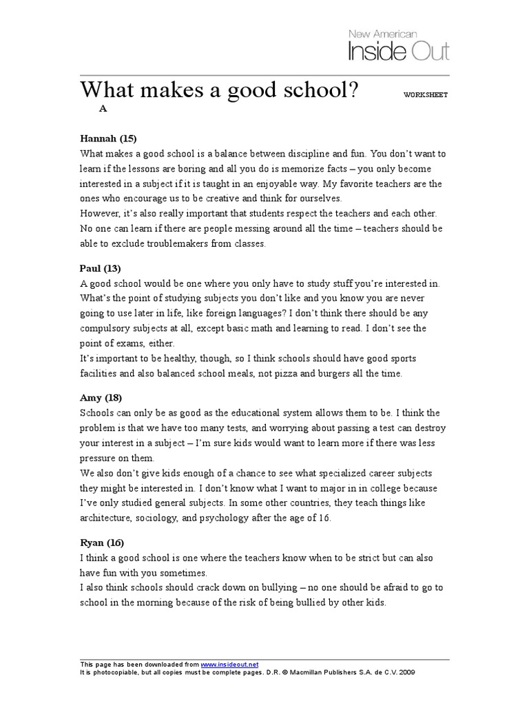 What Makes A Good School - Worksheet | PDF