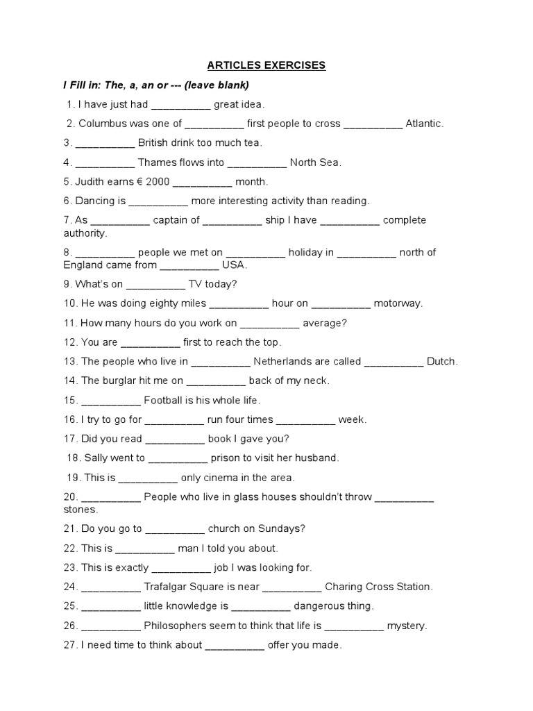 I Fill In: The, A, An or - (Leave Blank) : Articles Exercises | PDF