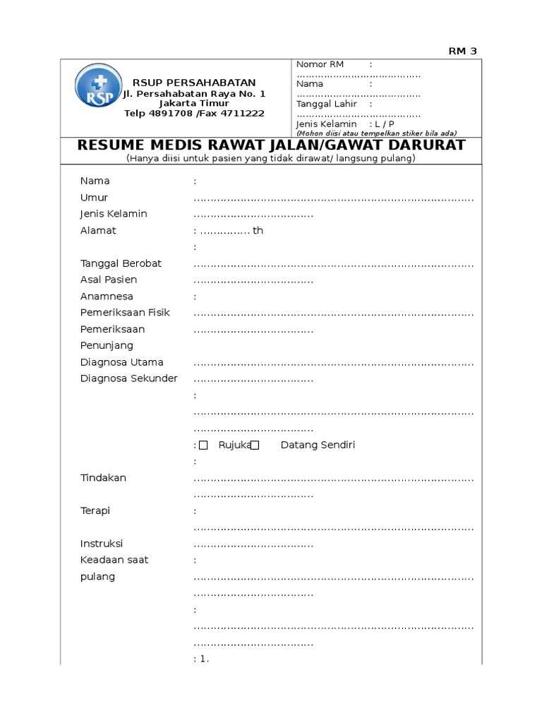 RM 3 - Resume Rawat Jalan Atau Gawat Darurat | PDF