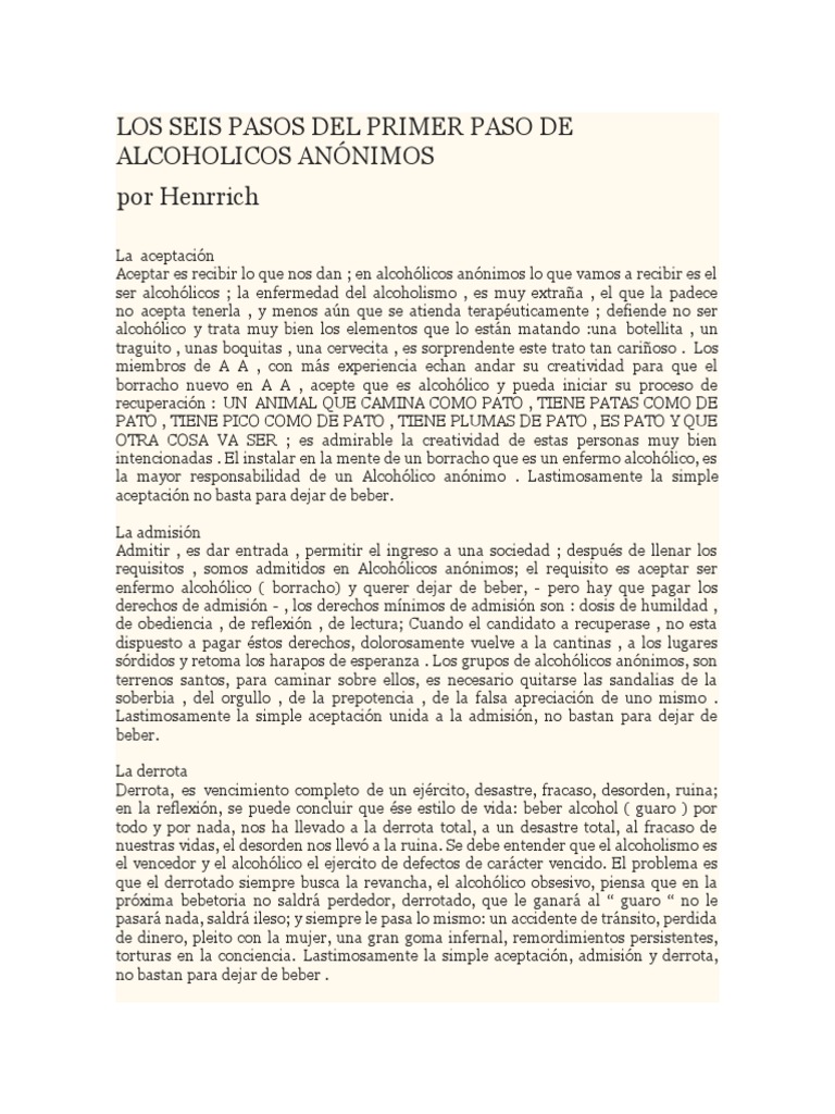 Los Seis Pasos Del Primer Paso de Alcoholicos Anónimos | PDF | Salud y ...