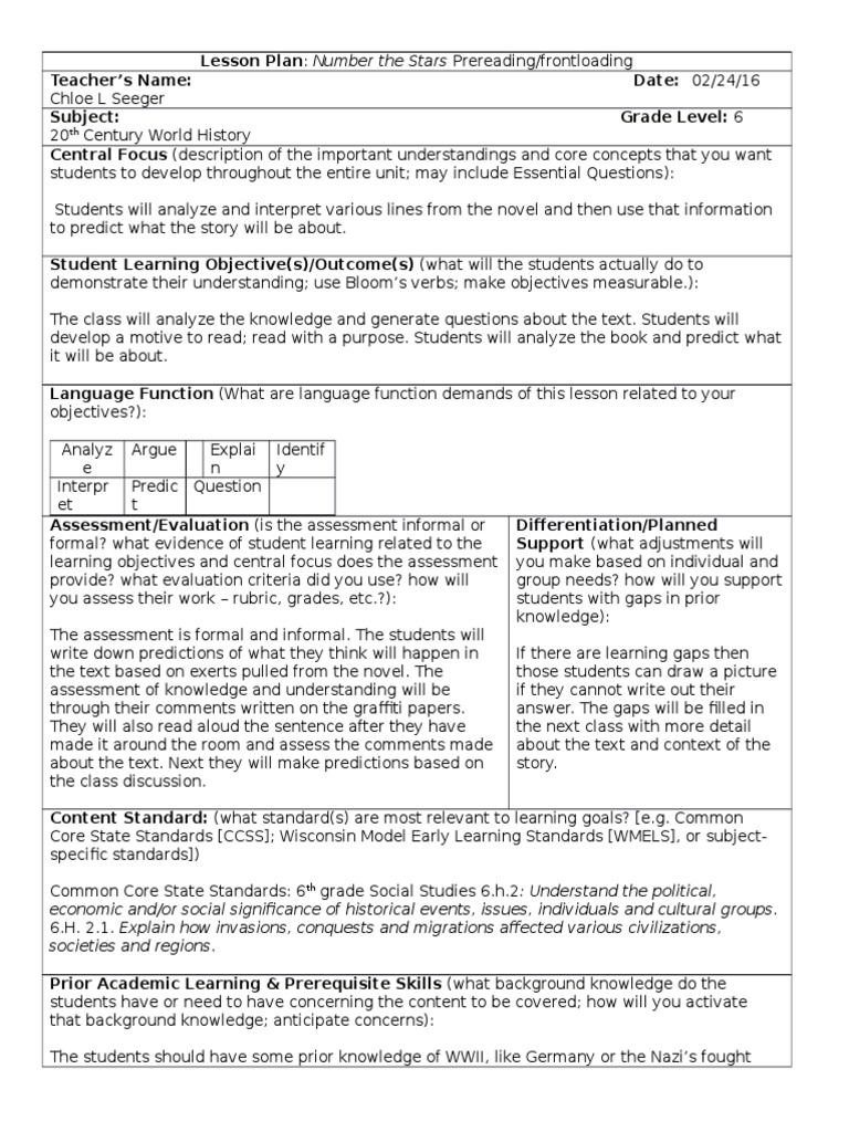 Number The Stars Preread Lesson Plan | PDF | Educational Assessment ...
