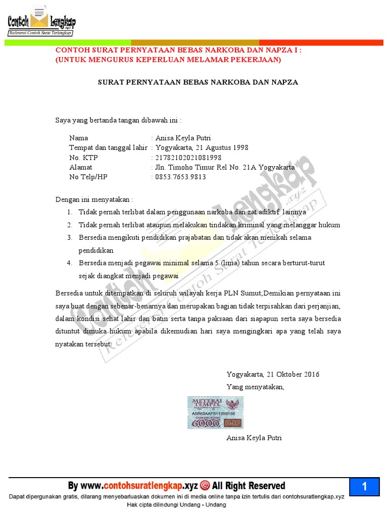 Contoh Surat Pernyataan Bebas Narkoba (NAPZA) | PDF