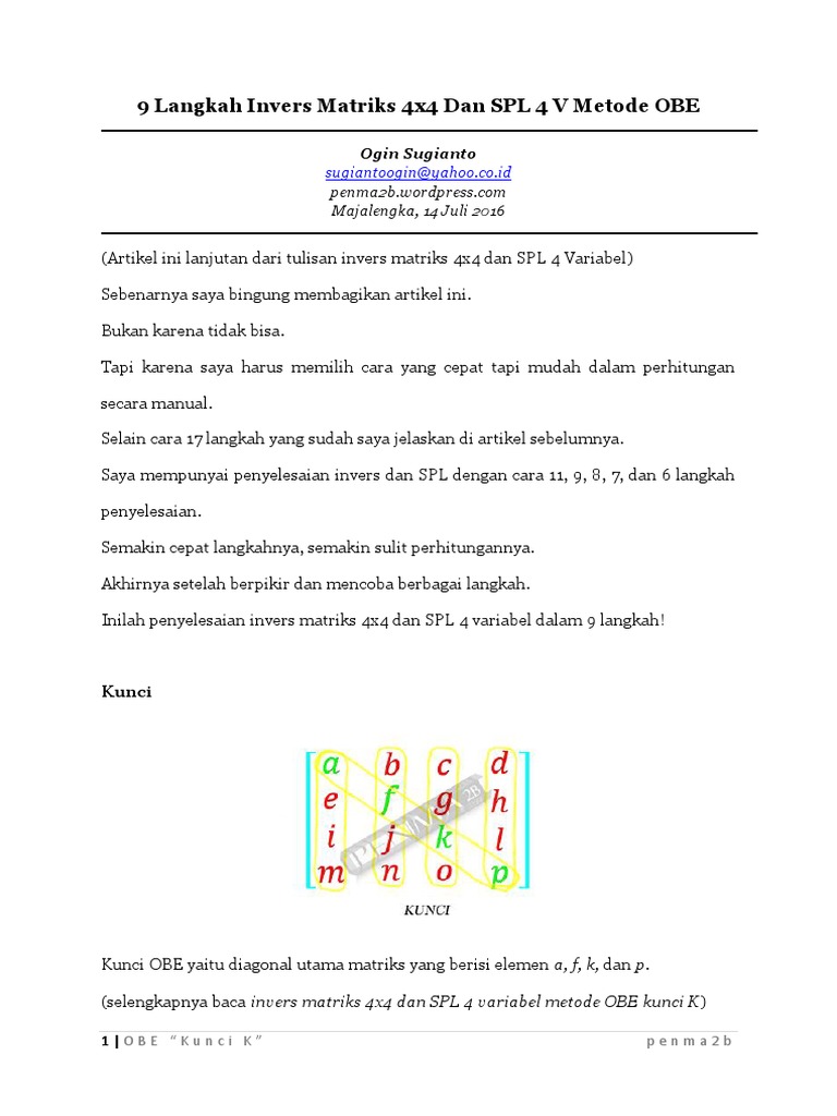 9 Langkah Invers Matriks 4x4 Dan SPL 4 Variabel Metode OBE | PDF