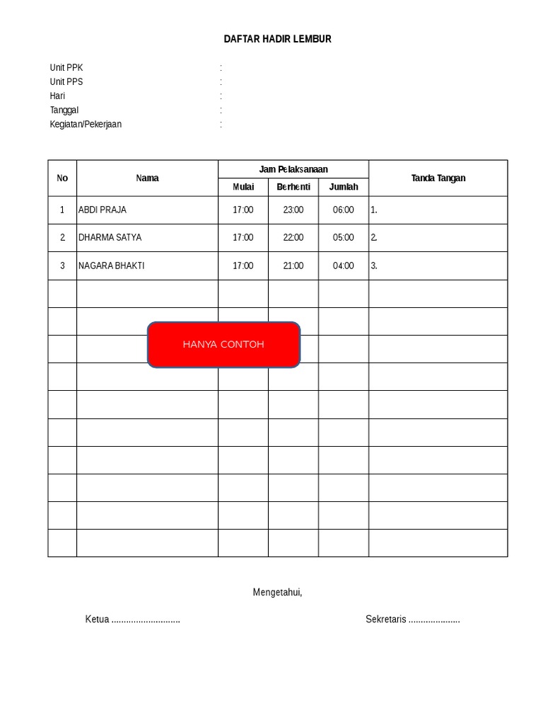 Contoh Daftar Hadir Lembur