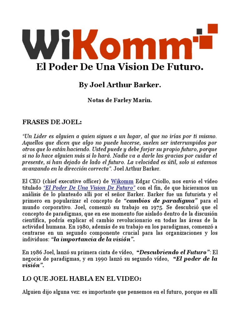 El Poder de Una Vision de Futuro Joel Arthur Barker | PDF | Cociente de ...