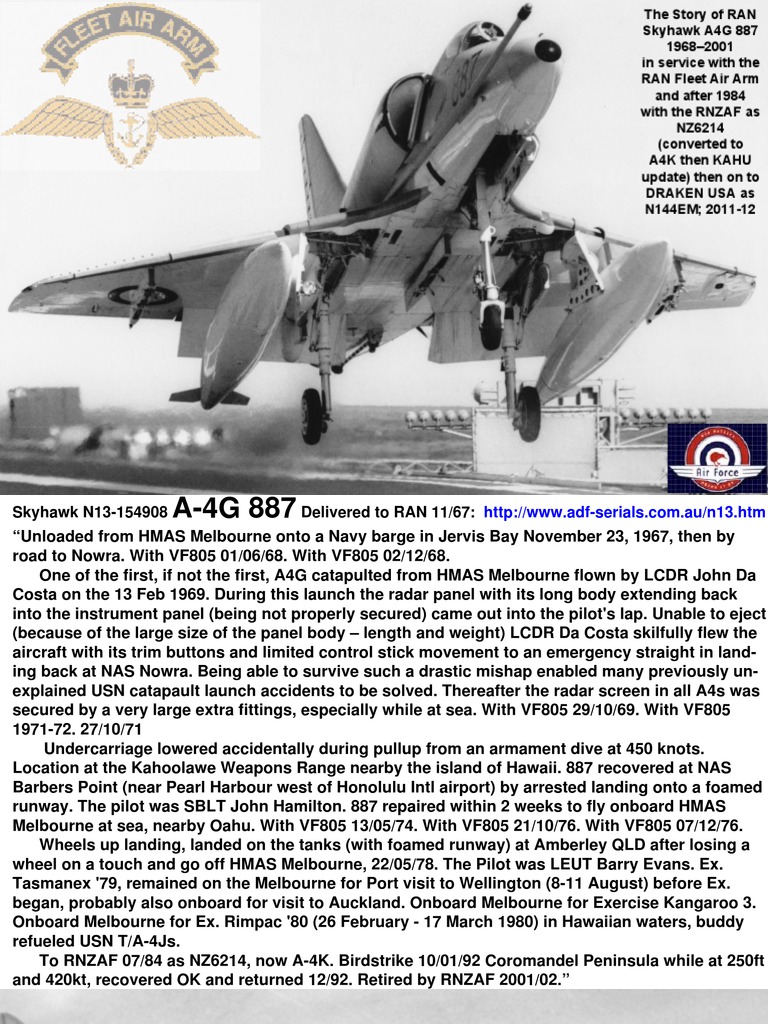 RAN Skyhawk A4G 887 Service History | PDF | Aircraft | Aeronautics