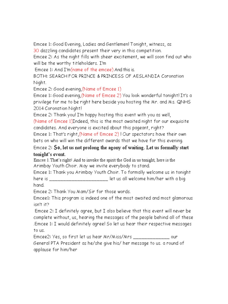 Emcee Script | PDF