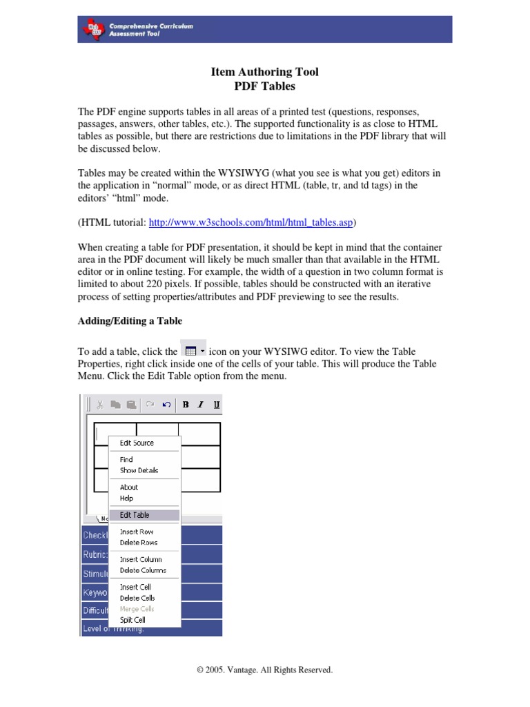 Item Authoring Tool PDF Tables: Adding/Editing A Table | PDF | Html Element | Portable Document ...