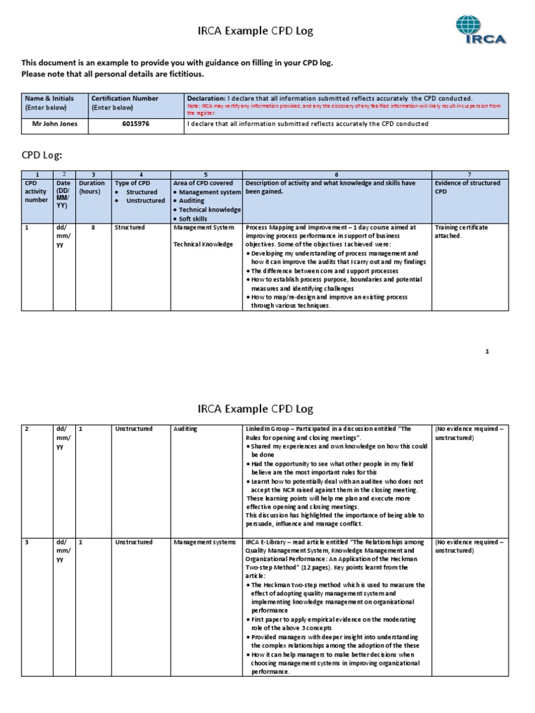 Example CPD Log | PDF | Audit | Quality Management