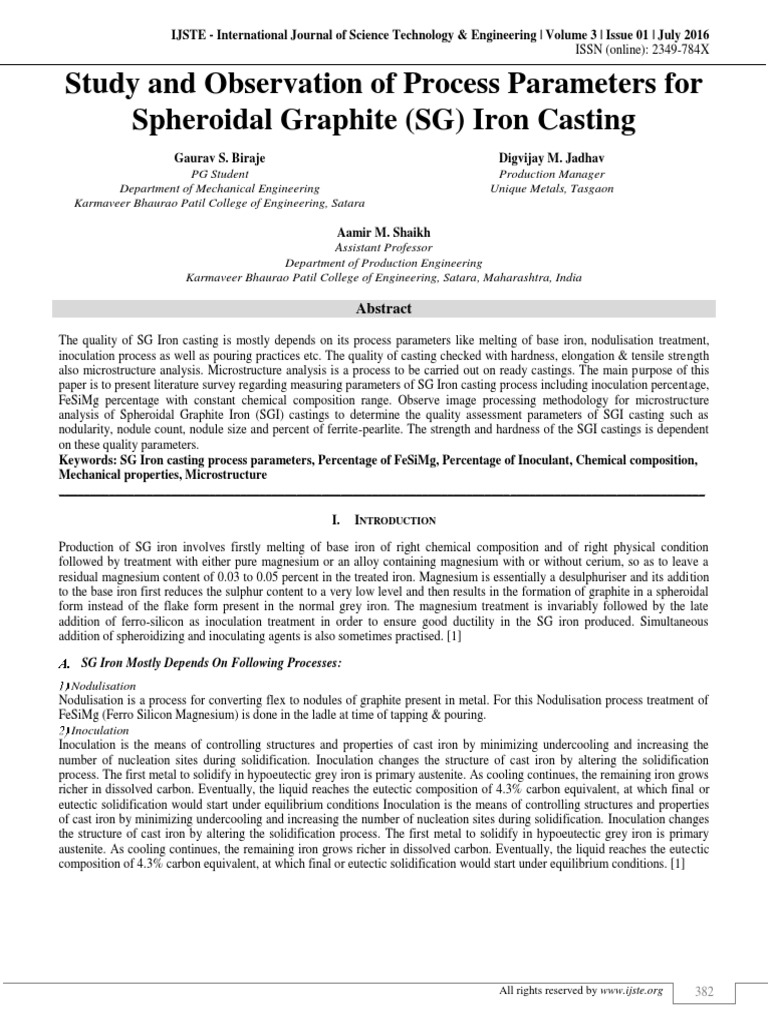 Study and Observation of Process Parameters For Spheroidal Graphite (SG ...